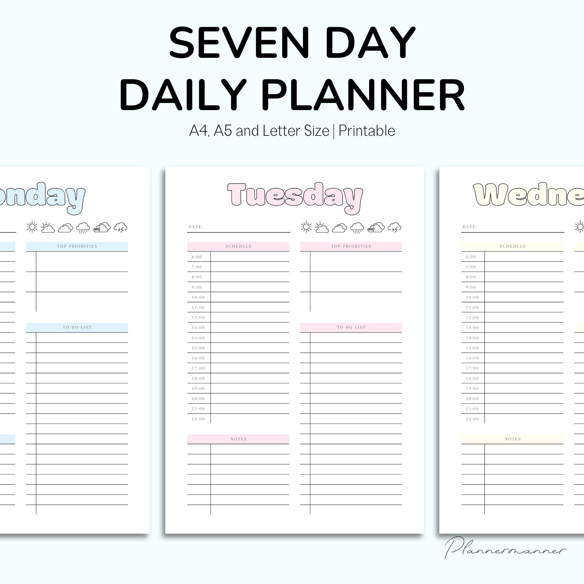 Printable Seven Day Daily Schedule Planner, Printable PDF, to Do List ...