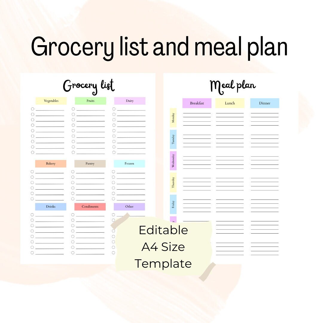 EDITABLE Meal Planner and Grocery List Meal Tracker Printable Food ...