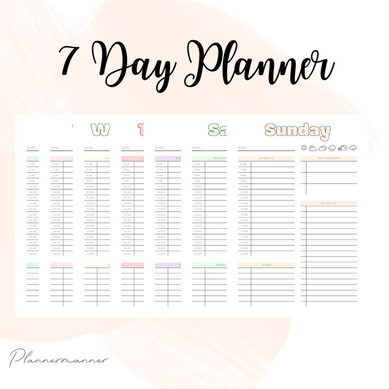 PRINTABLE Seven Day Daily Schedule Planner Printable PDF to Do List ...