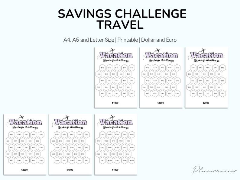 Printable Travel Savings Challenge Bundle Savings Challenge Trackers ...