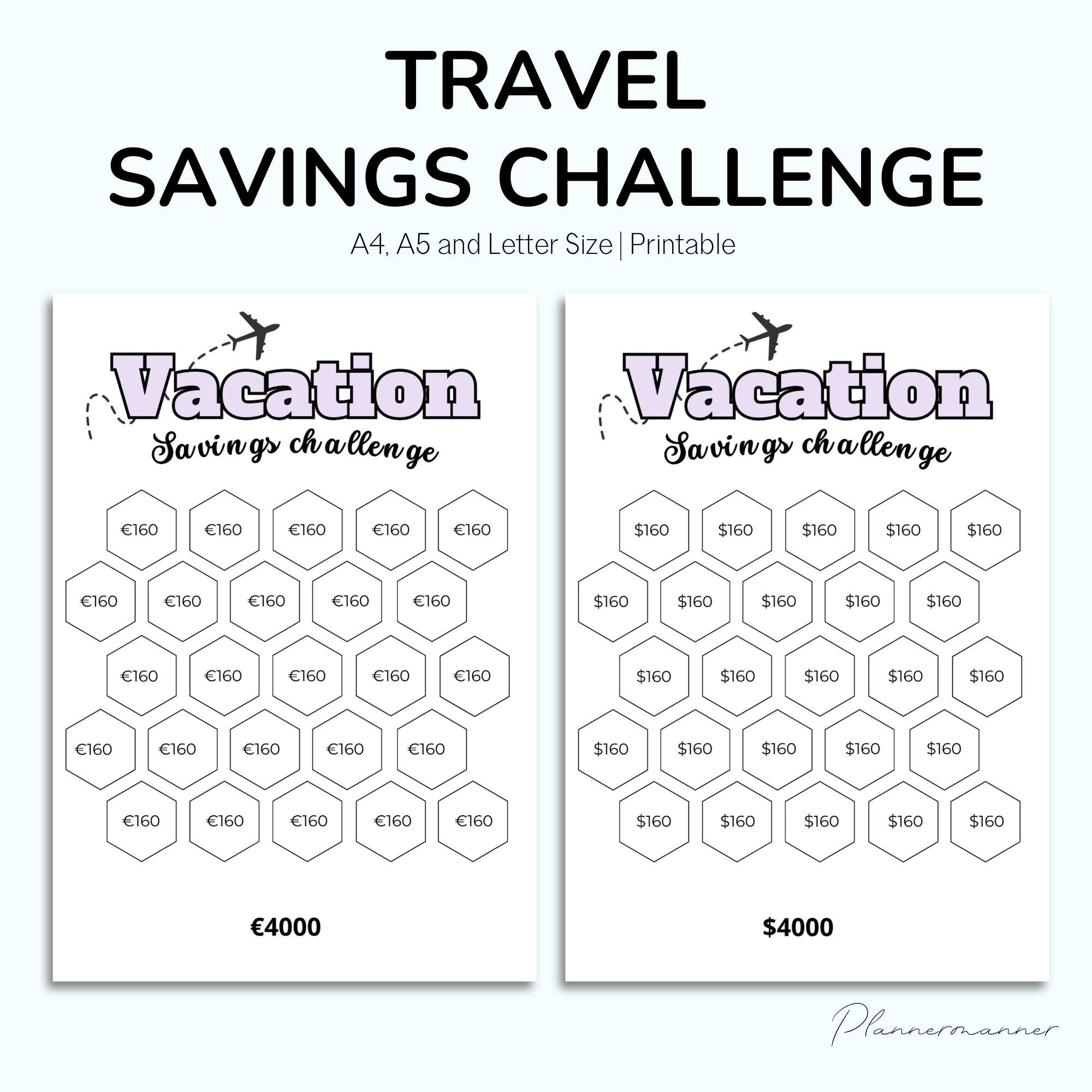 Printable Travel Savings Challenge Bundle Savings Challenge Trackers ...