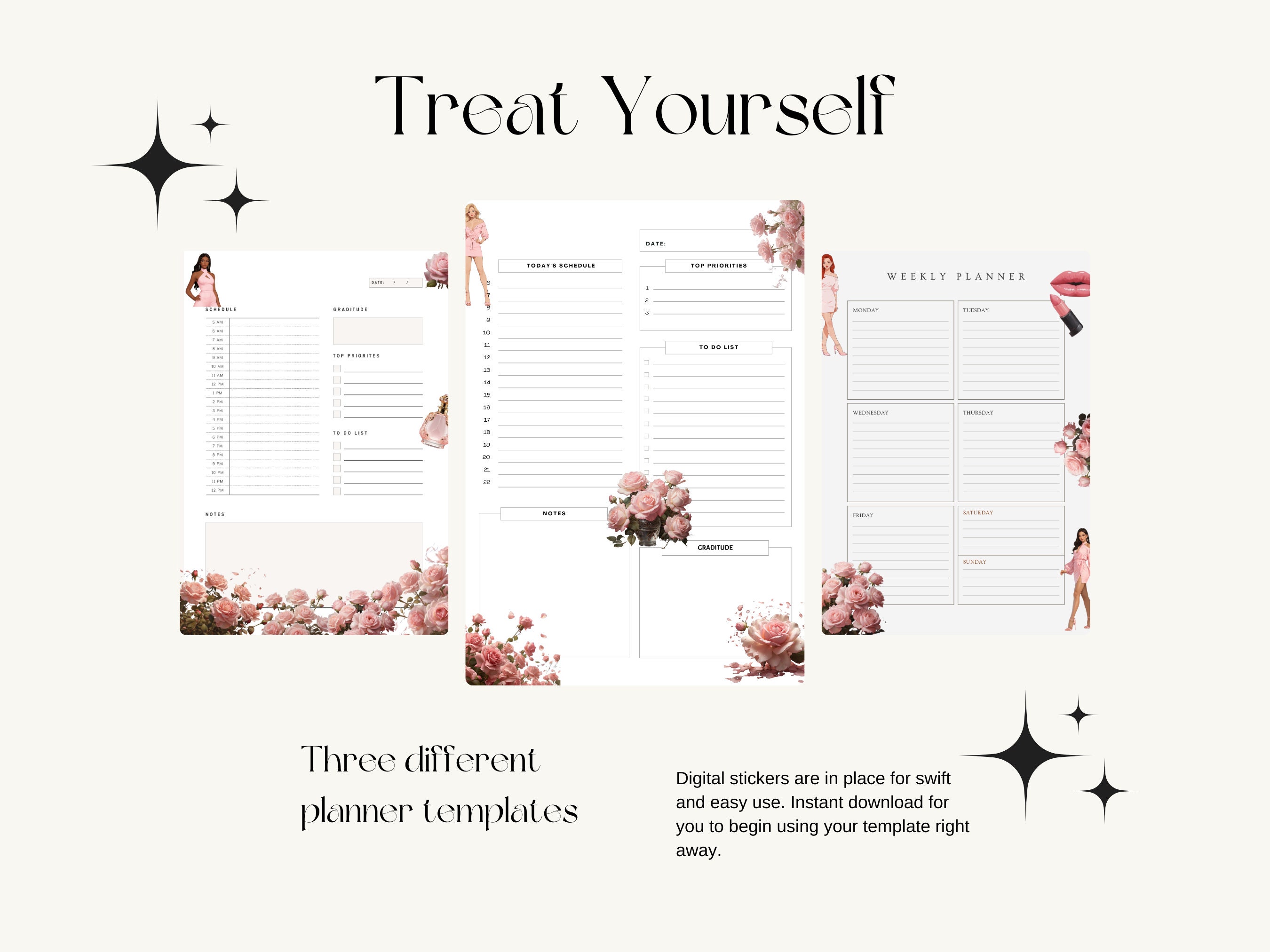 Planner Template Light Pink Rose Theme, Daily Planner, Weekly Planner ...