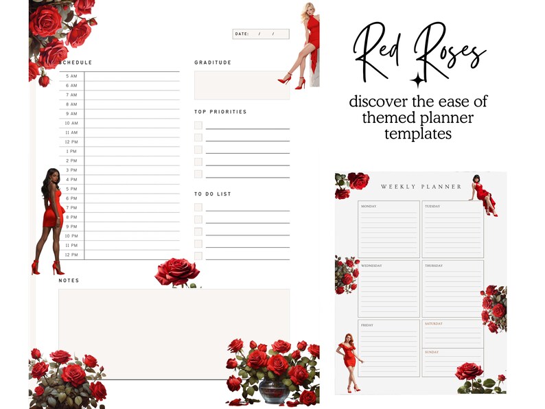 Planner Template Red Rose Theme, Daily Planner, Weekly Planner, Planner ...