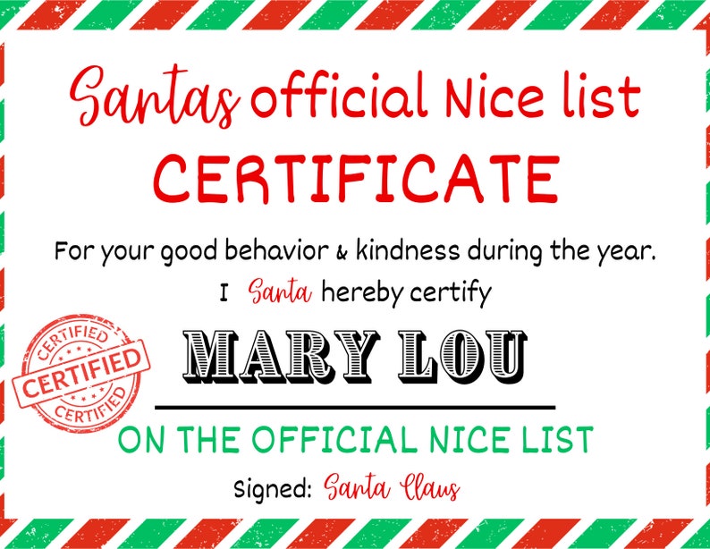Santas Nice List Certificate for Kids, Santa Mail - Etsy
