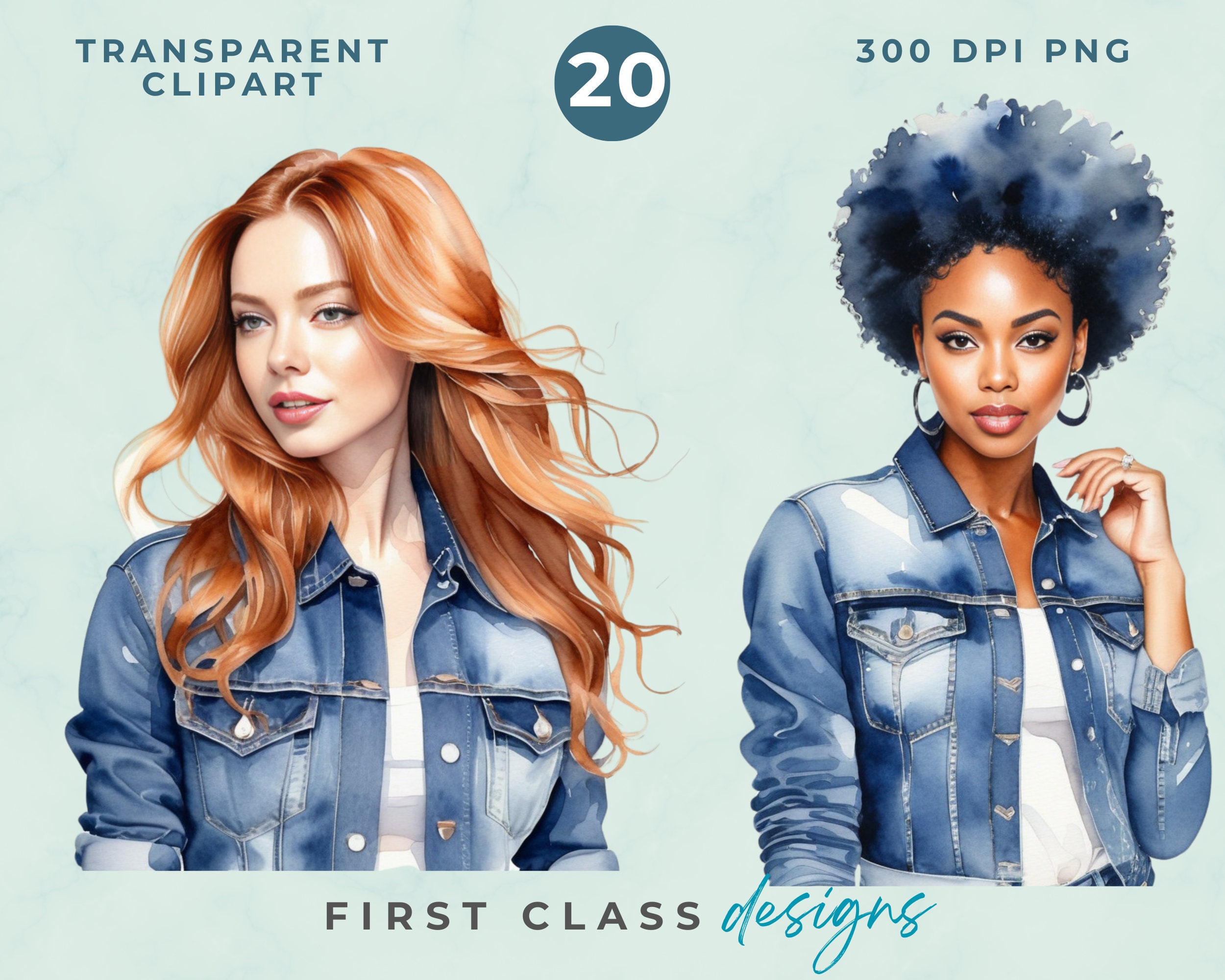 Denim Jacket Clipart, Denim Divas Clipart, Watercolor Denim Girl ...