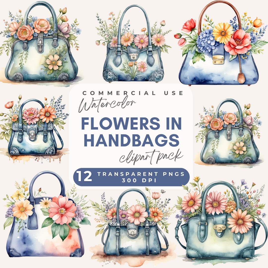 Flowers in Handbags Clipart Watercolor Floral Handbag PNG Floral Purse ...