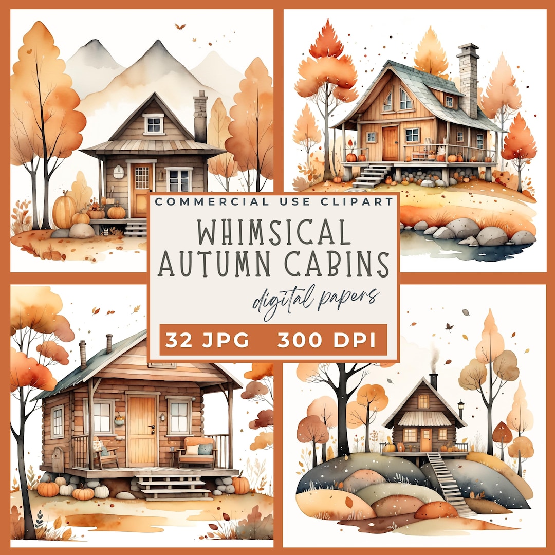 Cozy Autumn Cabins Clipart, Autumn Cabins Digital Papers JPG, Cozy ...