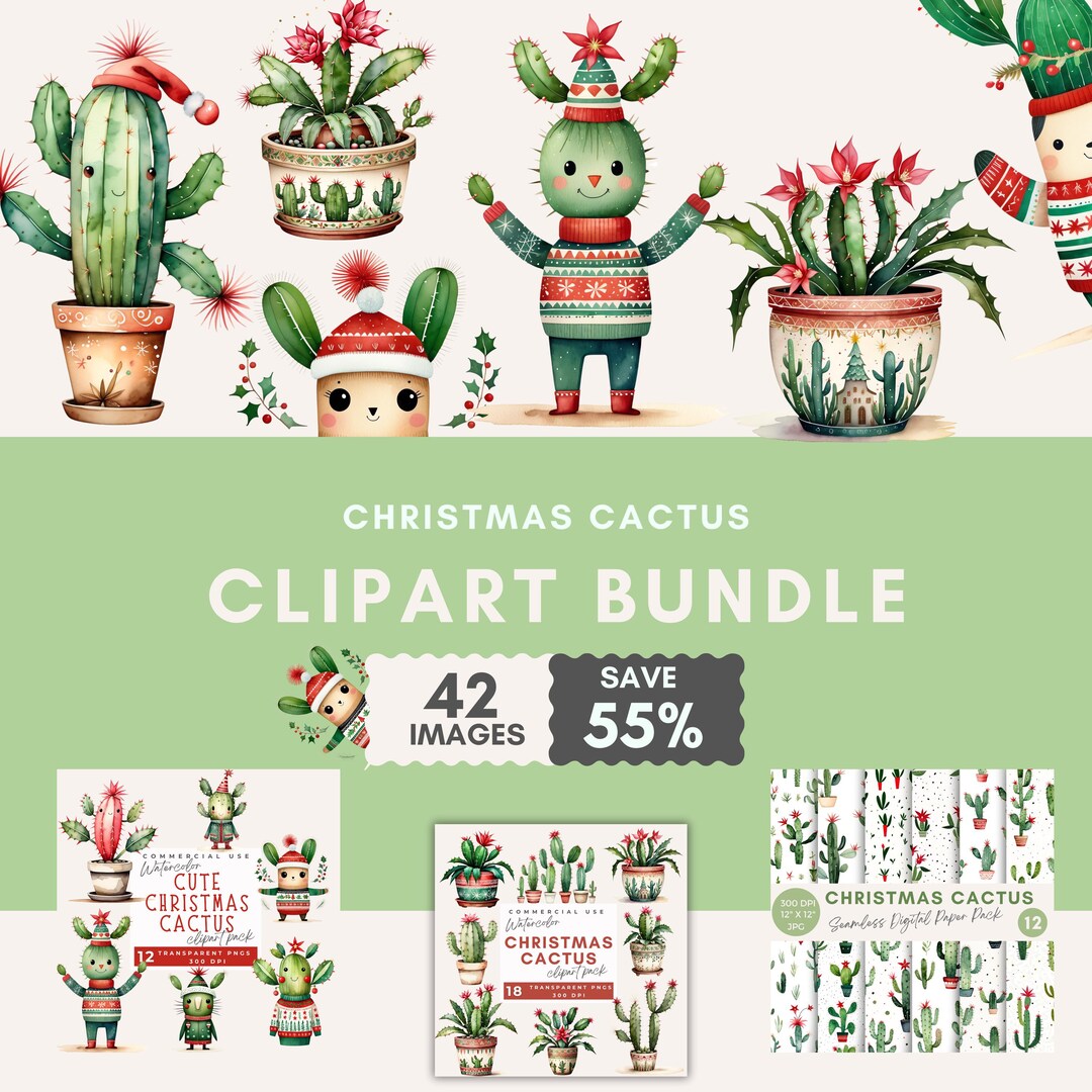 Christmas Cactus Clipart Bundle, Watercolor Cute Cactus Clip Art ...
