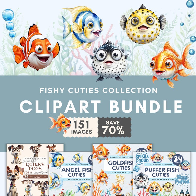 Fishy Cuties Clipart Bundle, Cute Ocean Fish Pngs, Clownfish Goldfish ...