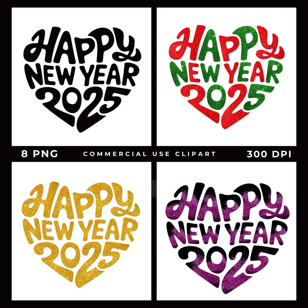 Happy New Year 2025 Heart Shape Png Svg Gold Glitter New Year PNG SVG ...