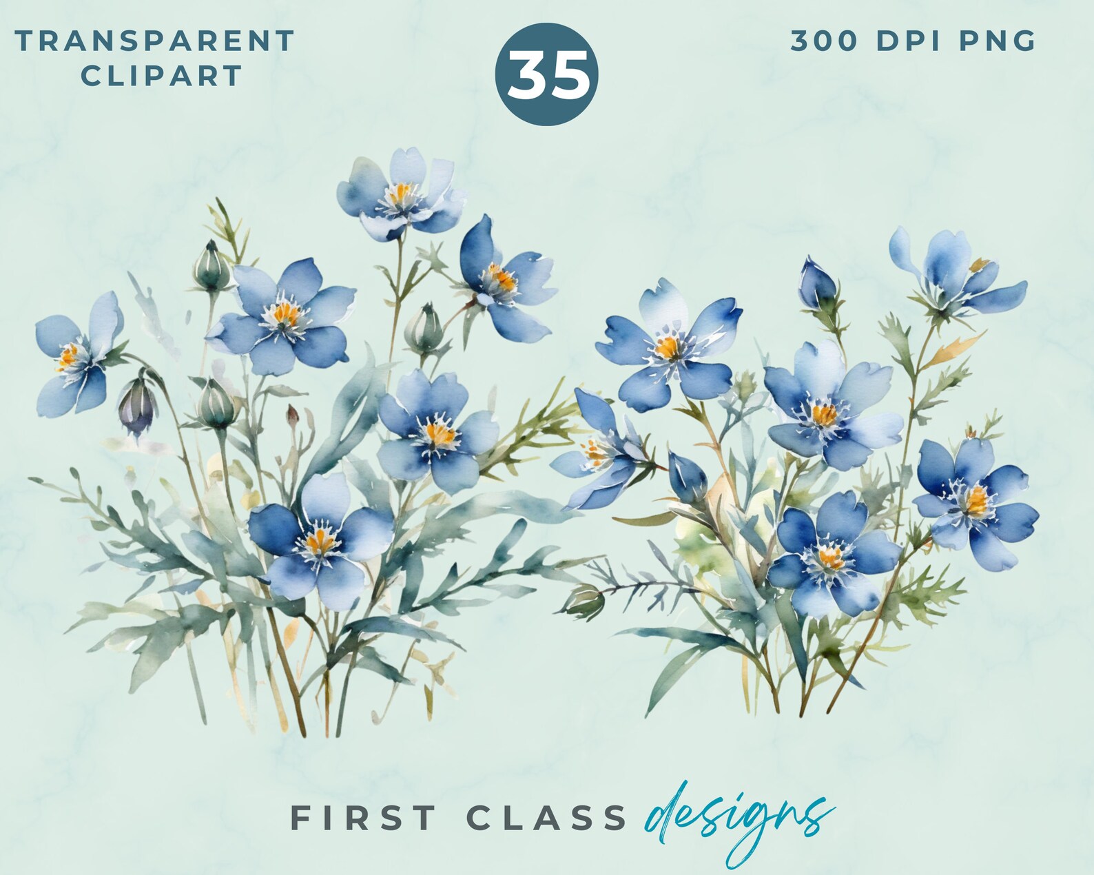 Watercolor Floral Winter Clipart Dusty Blue Floral Clipart, Blue ...