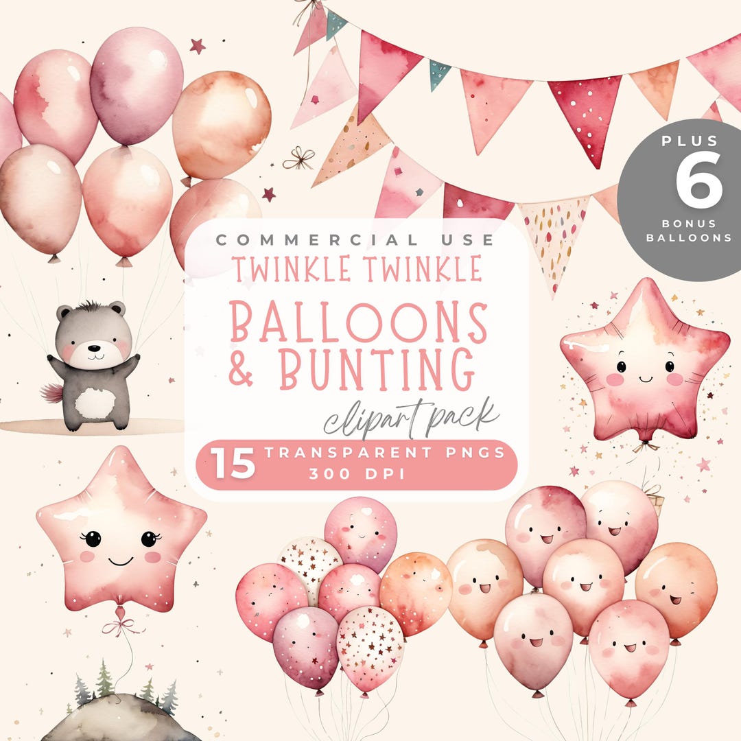 Twinkle Twinkle Cute Pink Star Balloons and Bunting, Pink Watercolor ...