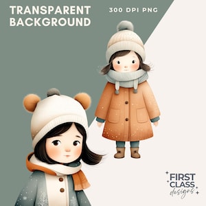 Cute Girl Winter Clipart, Christmas Cute Kids Clip Art PNG Watercolor ...