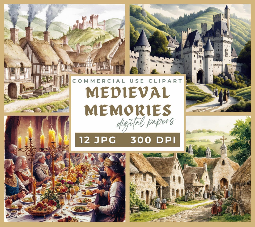 Medieval Digital Papers, Medieval Village Scenes Clipart, Medieval Town ...