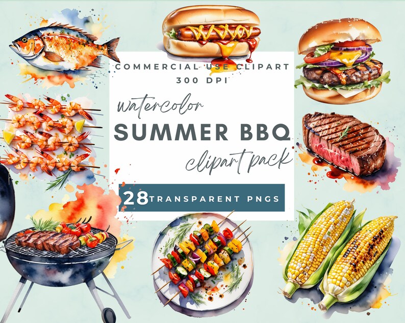 Watercolor BBQ Party Clipart, Summer BBQ Clipart, Backyard BBQ Grill ...