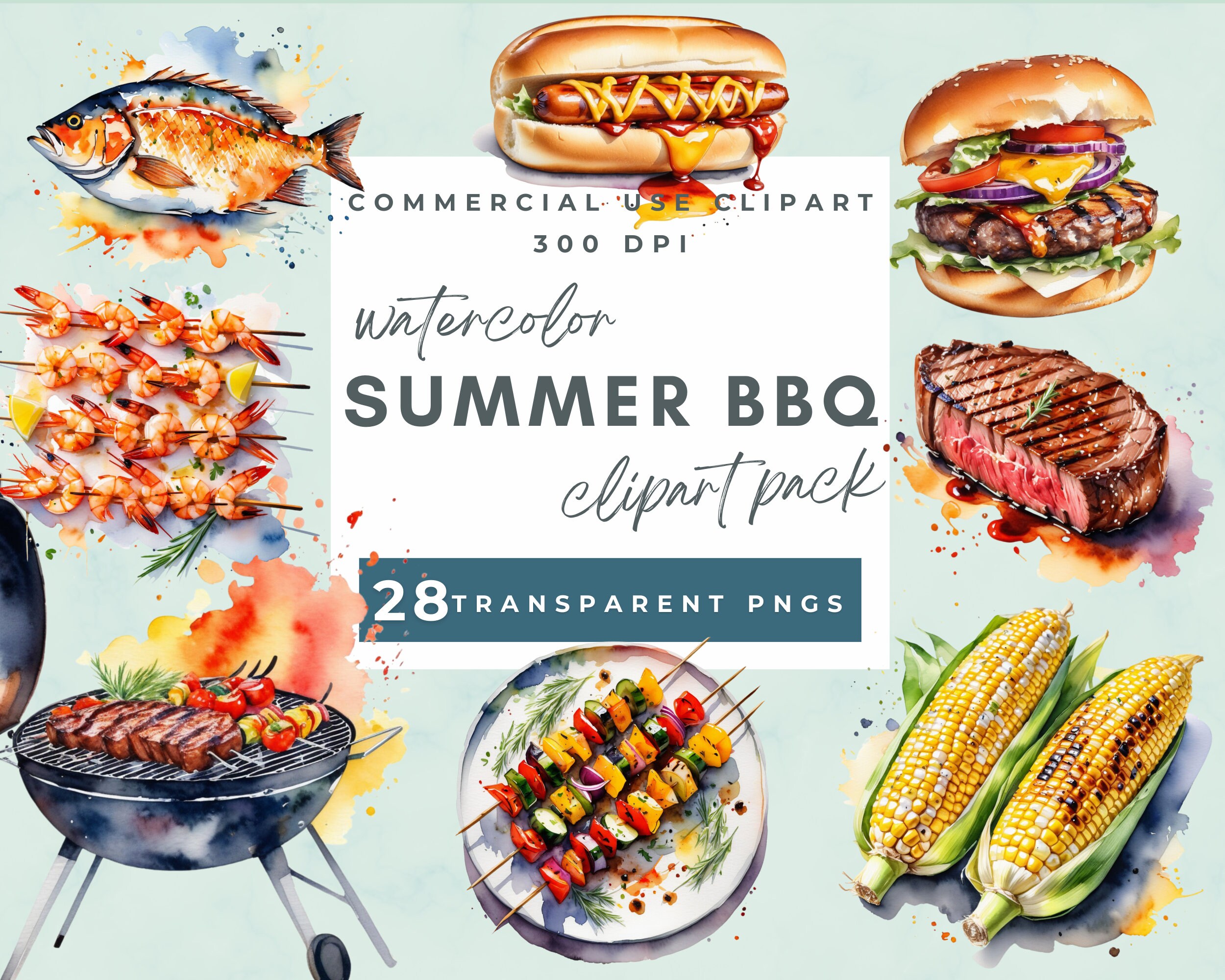 Watercolor BBQ Party Clipart, Summer BBQ Clipart, Backyard BBQ Grill ...