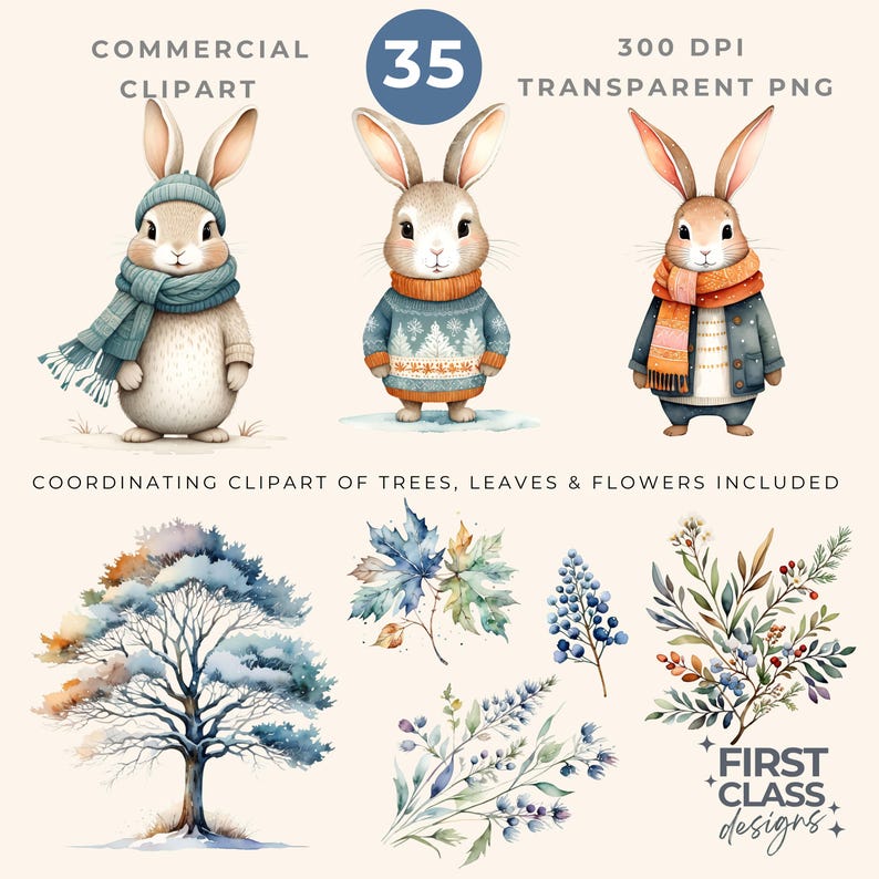 Watercolor Winter Rabbit Clipart, Cute Whimsical Rabbit Clip Art, Cute ...