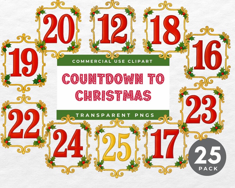 Christmas Countdown Numbers Clipart, Advent Calendar Numbers, Festive ...