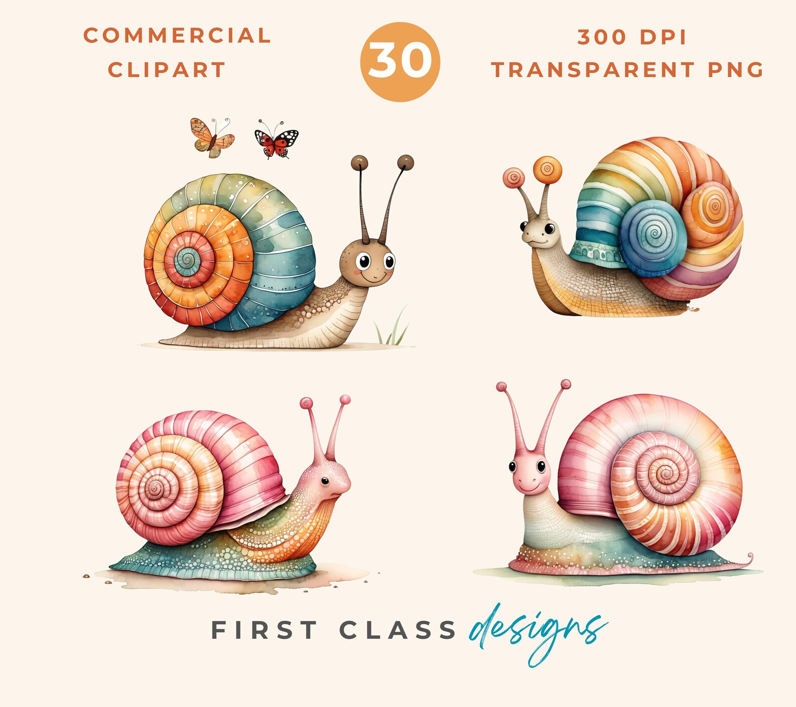 Cute Snail Clipart, Cute Whimsy Watercolor Snail Clip Art Illustration ...
