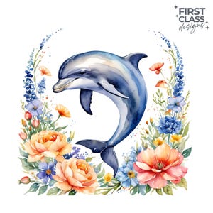 Watercolor Floral Dolphin Clipart JPG on White Background, Summer ...