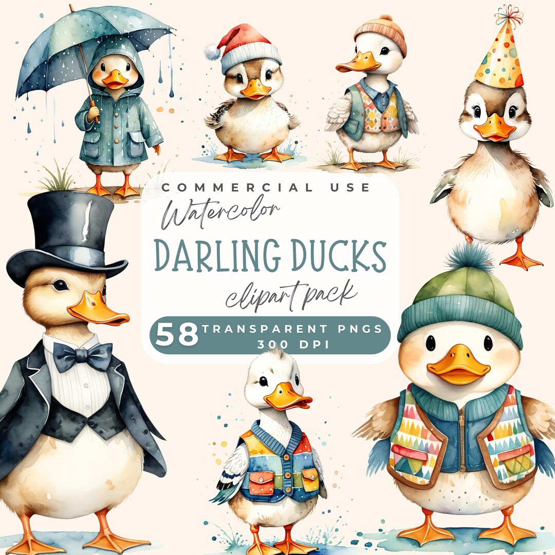 Cute Ducks Clipart, Watercolor Clipart Set, Cute Duck Clip Art, Animal ...