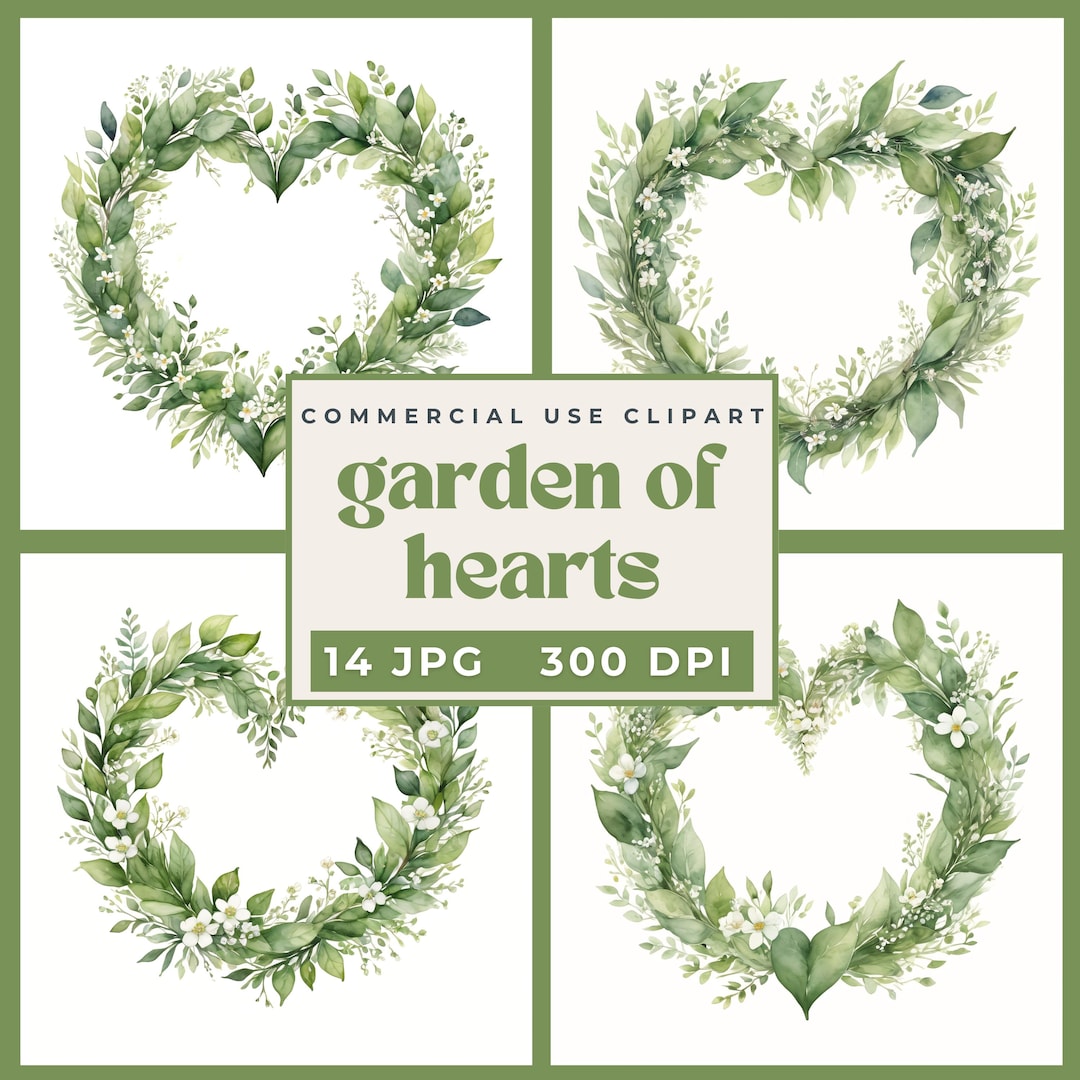 Greenery Floral Heart Clipart, Printable Watercolor Clipart, Wreath ...