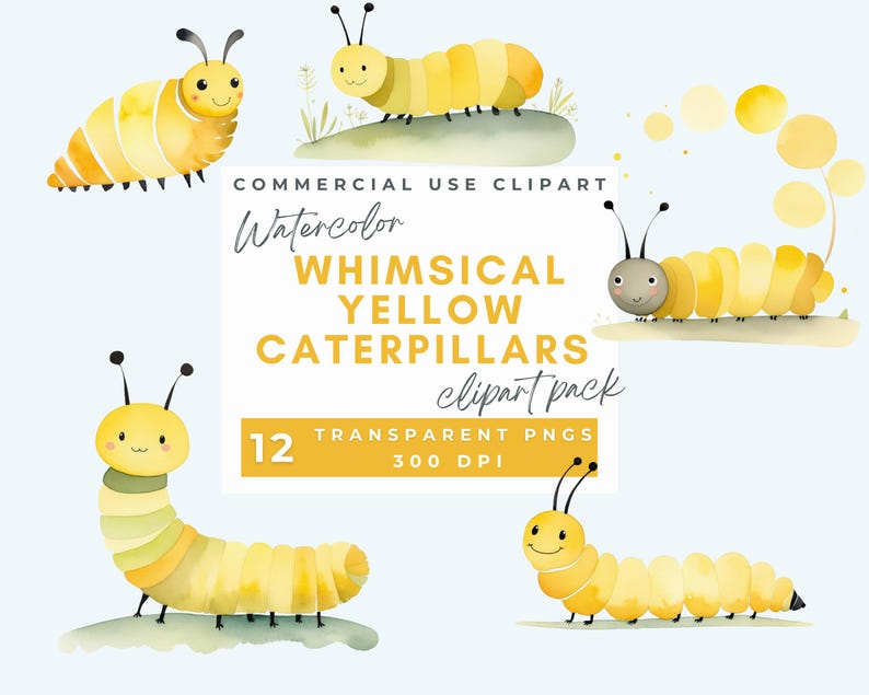 Watercolor Yellow Caterpillar Clipart Spring Bug Insect Clipart Cute ...
