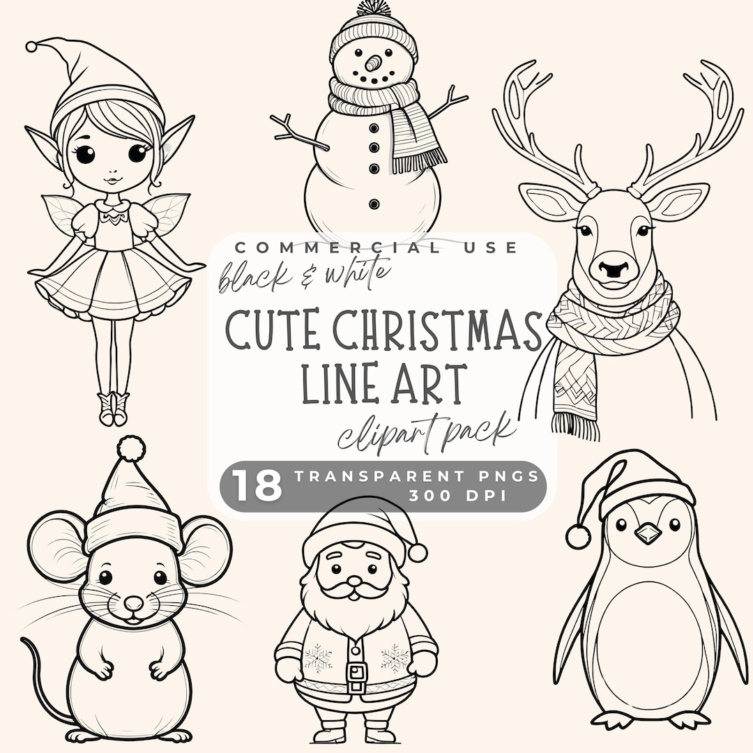 Cute Christmas Line Art Clipart, Cute Fine Art Line Clipart Christmas ...