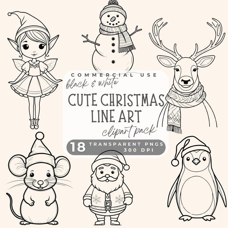 Cute Christmas Line Art Clipart, Cute Fine Art Line Clipart Christmas ...