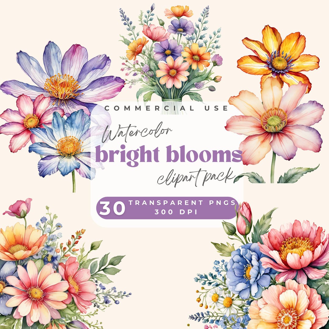Bright Floral Clipart, Bright Flowers Clipart, Watercolor Floral ...
