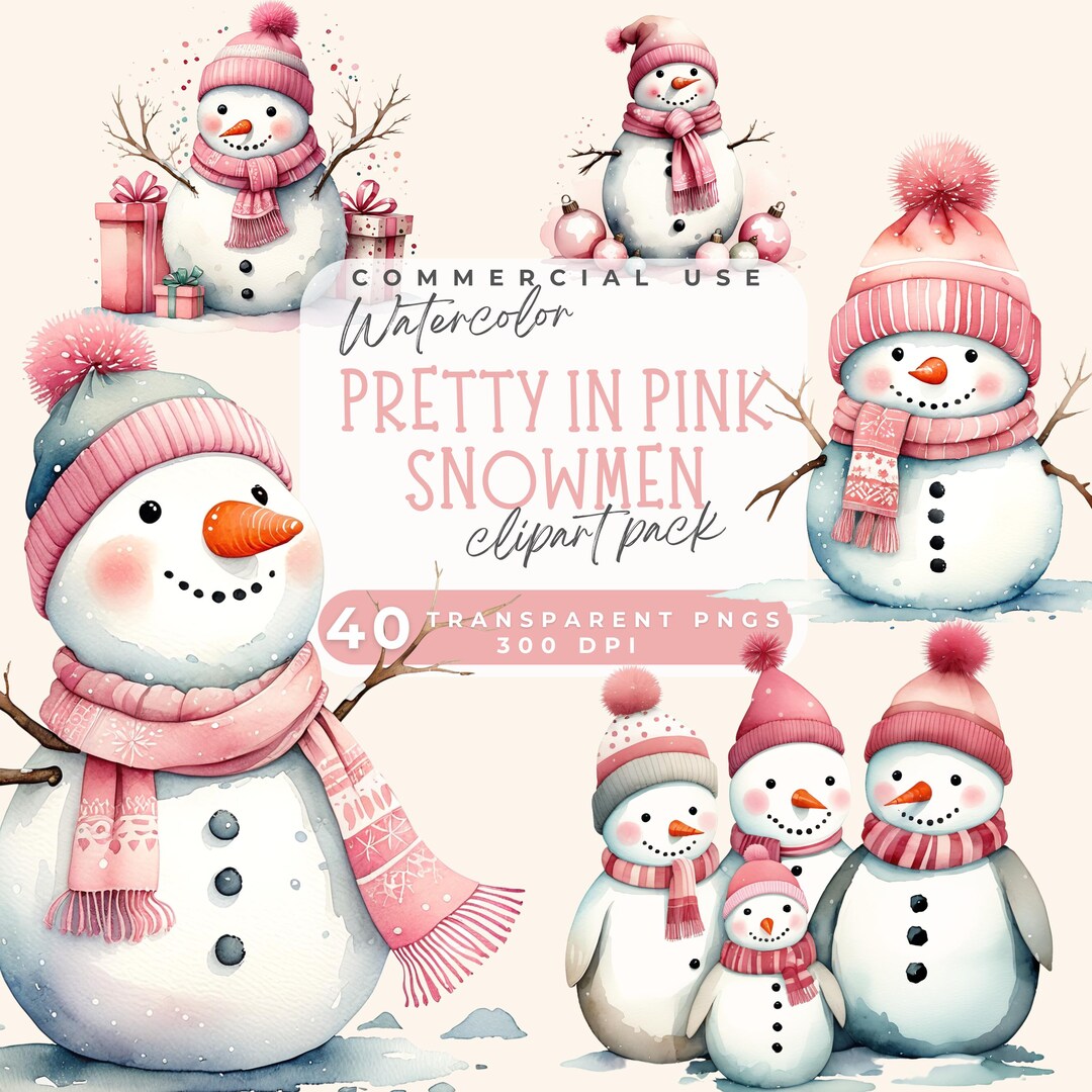 Cute Pink Snowman Clipart, Pretty in Pink Snowmen PNG, Watercolor Cute ...