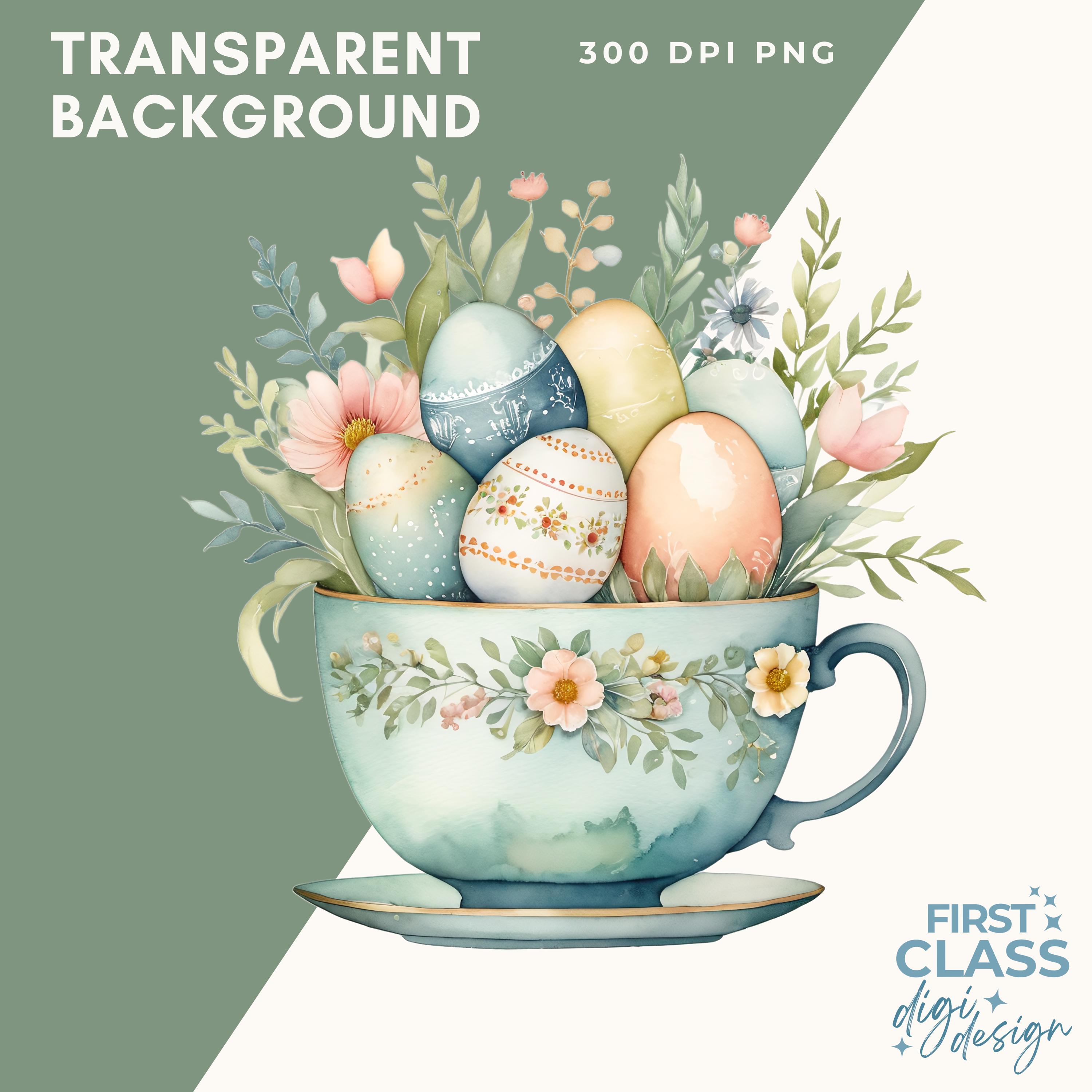 Vintage Easter Tea Clipart, Watercolor Floral Teacups With Eggs PNG ...