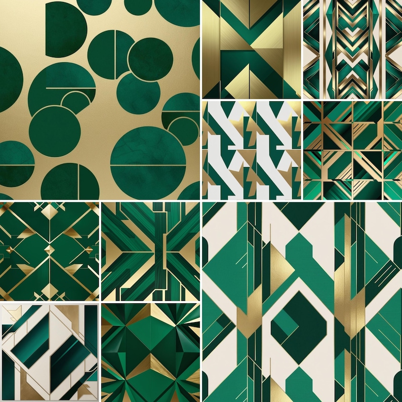 Emerald Green and Gold Digital Papers, Luxury Art Deco Backgrounds ...
