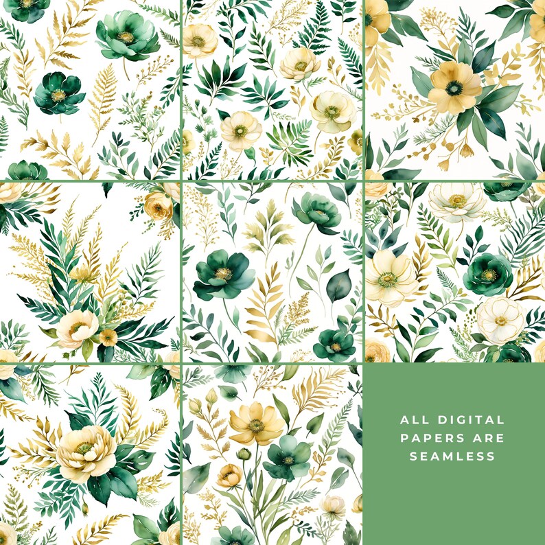 Emerald Green and Gold Flower Clipart, Watercolor Floral Digital Paper ...