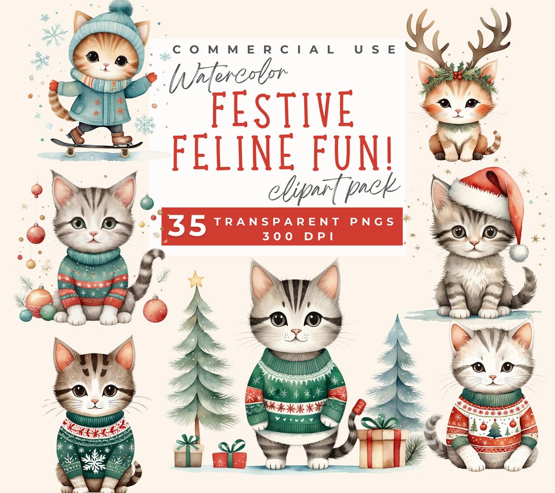 Christmas Kitten Clipart, Holiday Cat Art Image Cute Christmas Cat ...