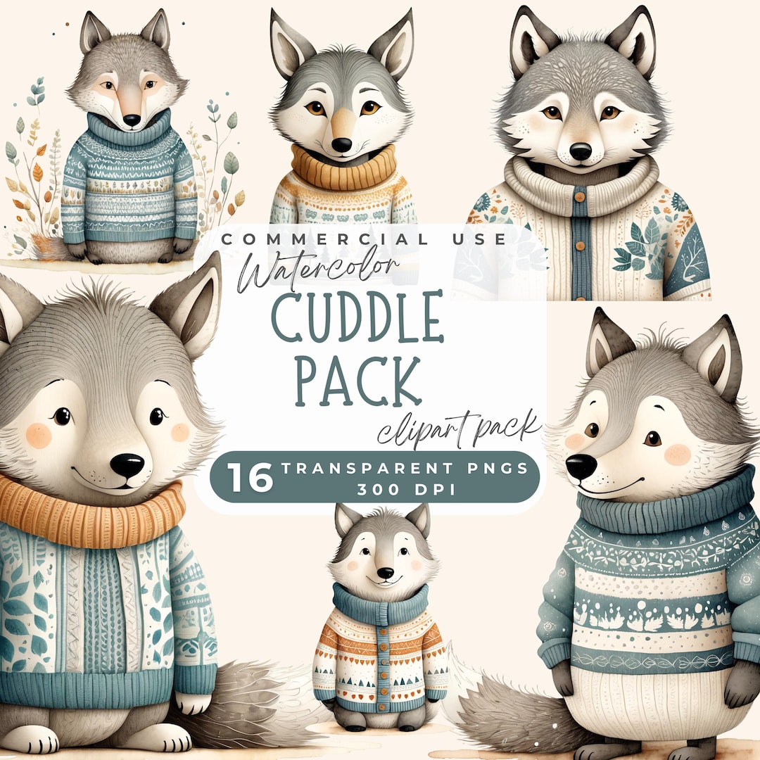Watercolor Cute Wolf Clipart, Whimsical Wolf Clip Art PNG, Cartoon ...