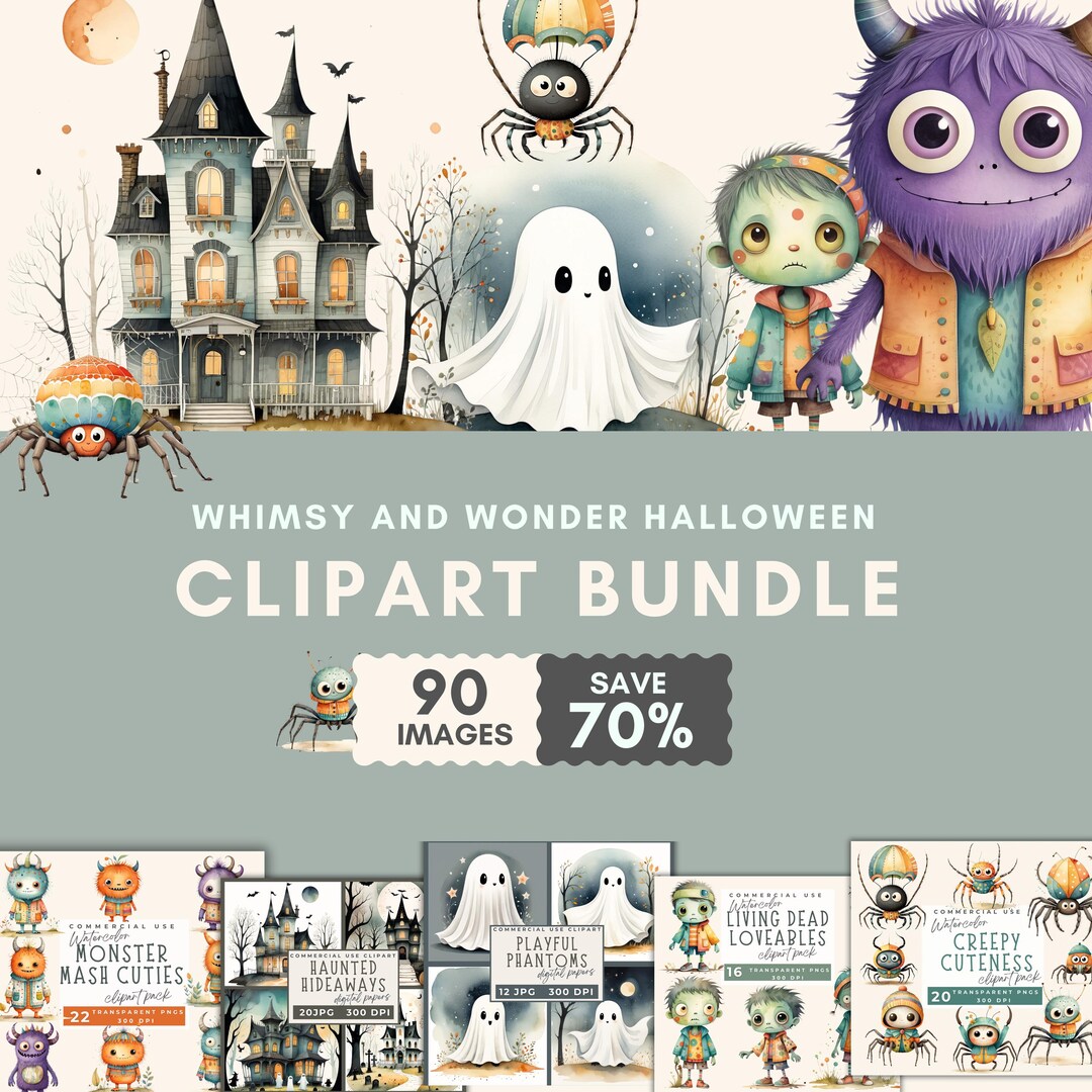 Whimsy and Wonder Halloween Clipart Pack 90 Cute Halloween PNG & JPG ...