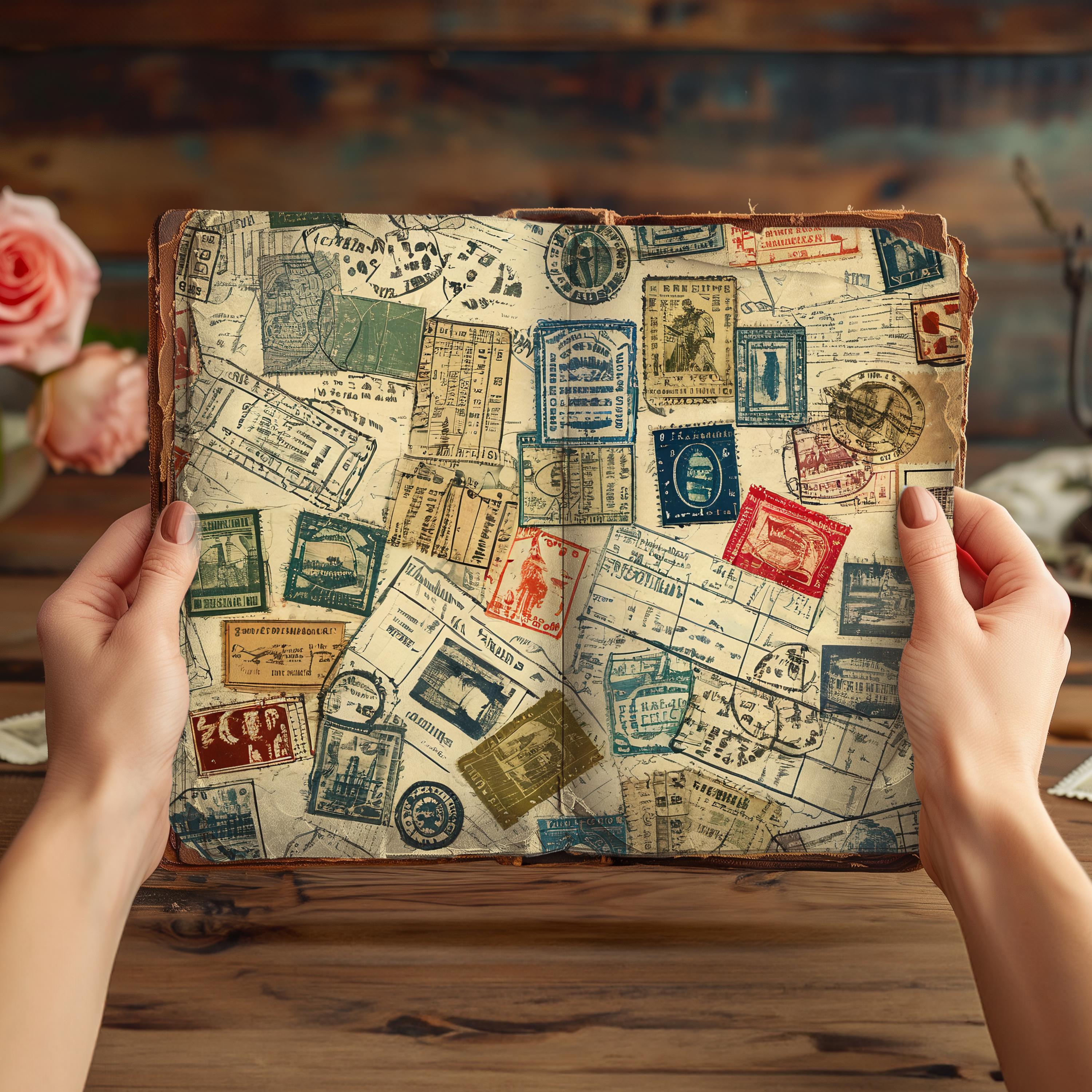Passport Stamp Digital Paper, Vintage Travel Scrapbook Paper, Grunge ...