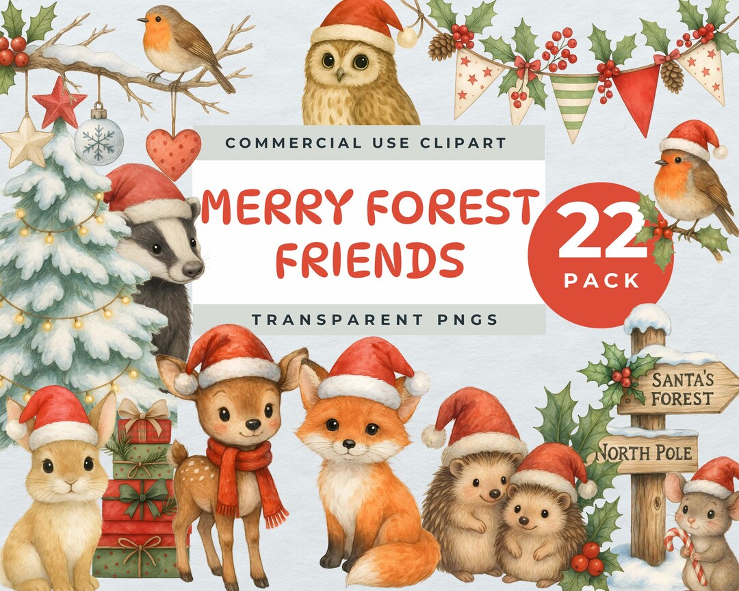 Christmas Woodland Animal Clipart, Merry Forest Friends, Cute Winter ...