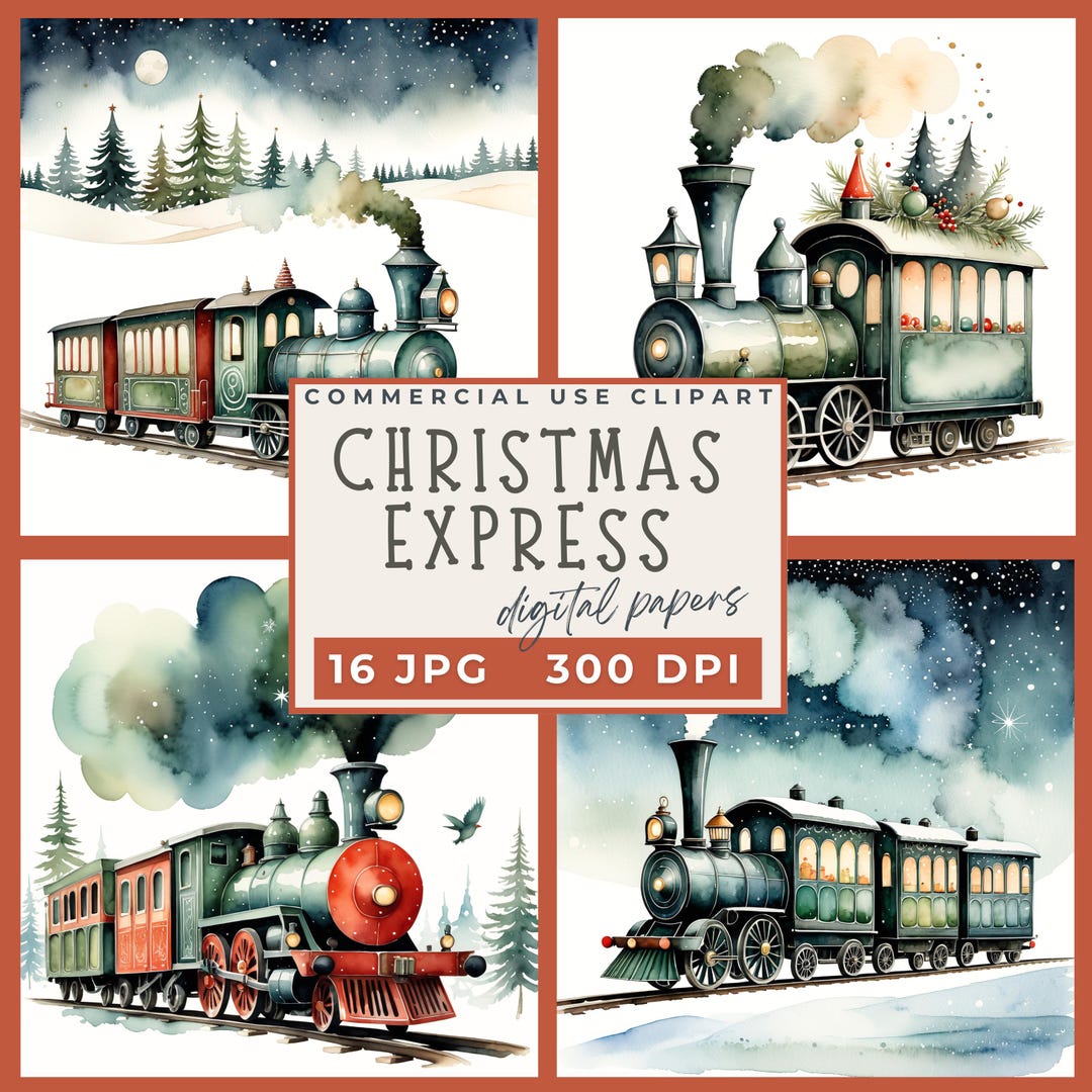 Watercolor Christmas Train Clipart, Vintage Christmas Train, Holiday ...