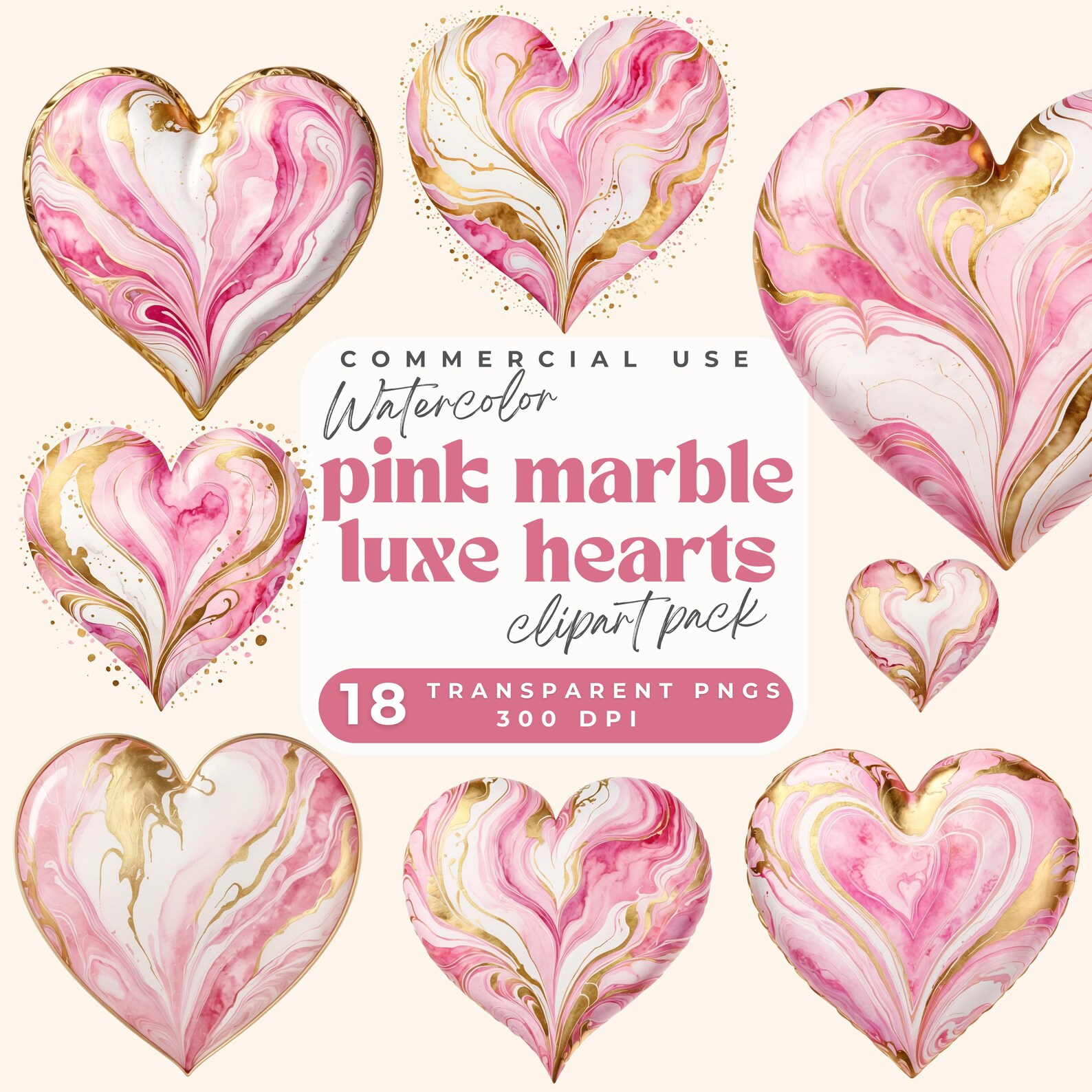 Luxury Marble Heart Clipart Bundle, Watercolor Marble Hearts PNG ...