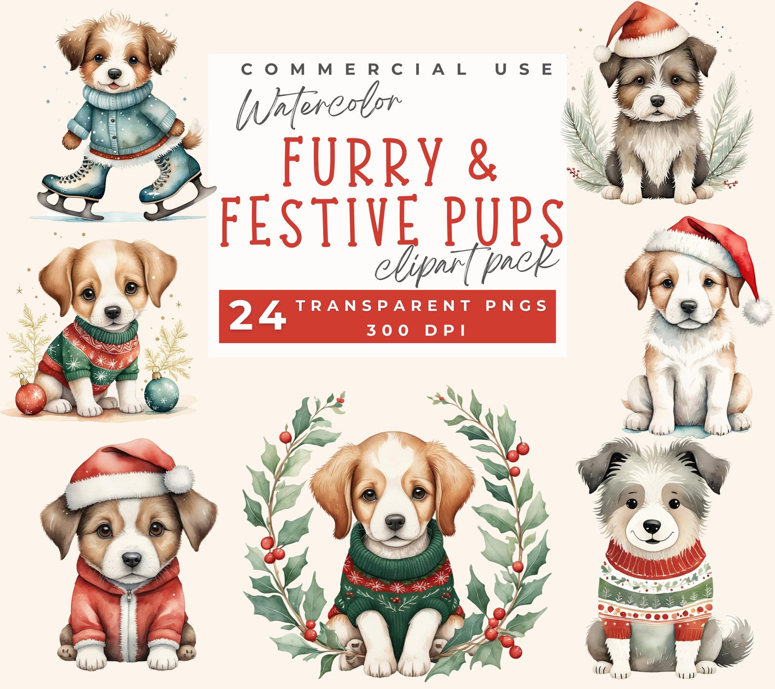 Cute Christmas Dog Clipart, Xmas Cute Puppies PNG Festive Graphics Card ...