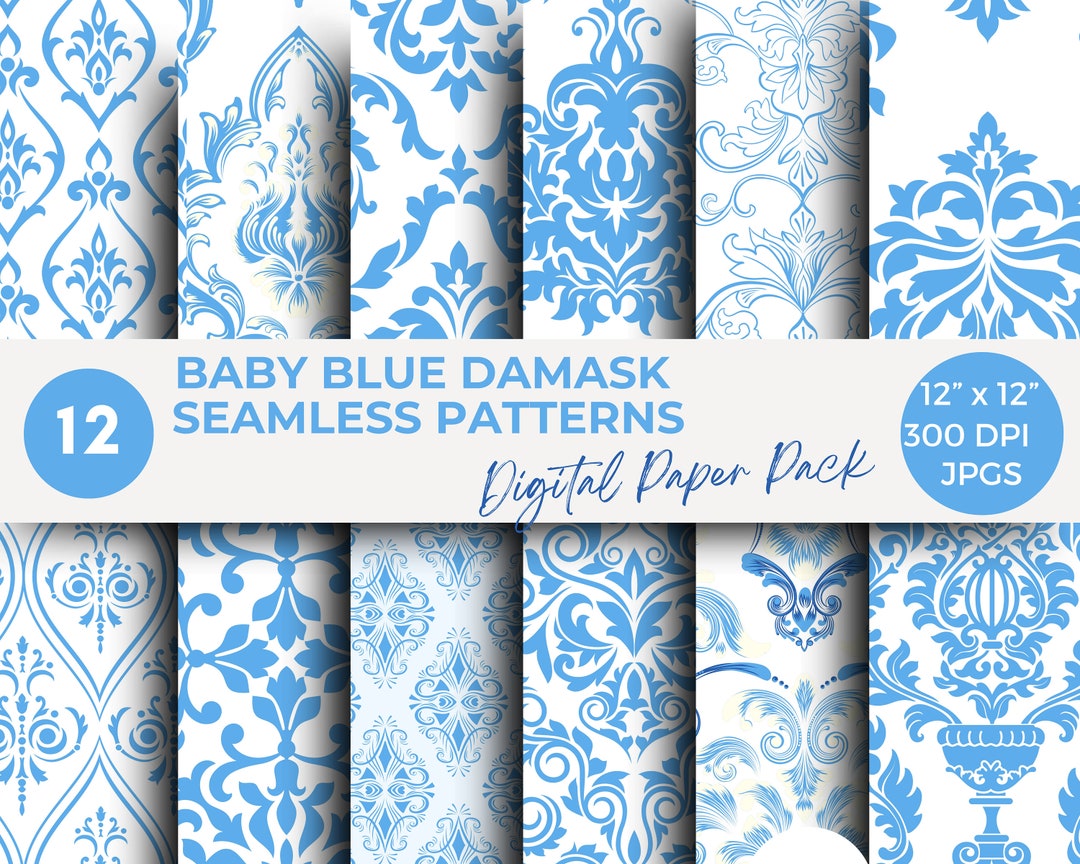 Digital Paper Baby Blue Damask Seamless Pattern Baby Blue Digital Paper ...