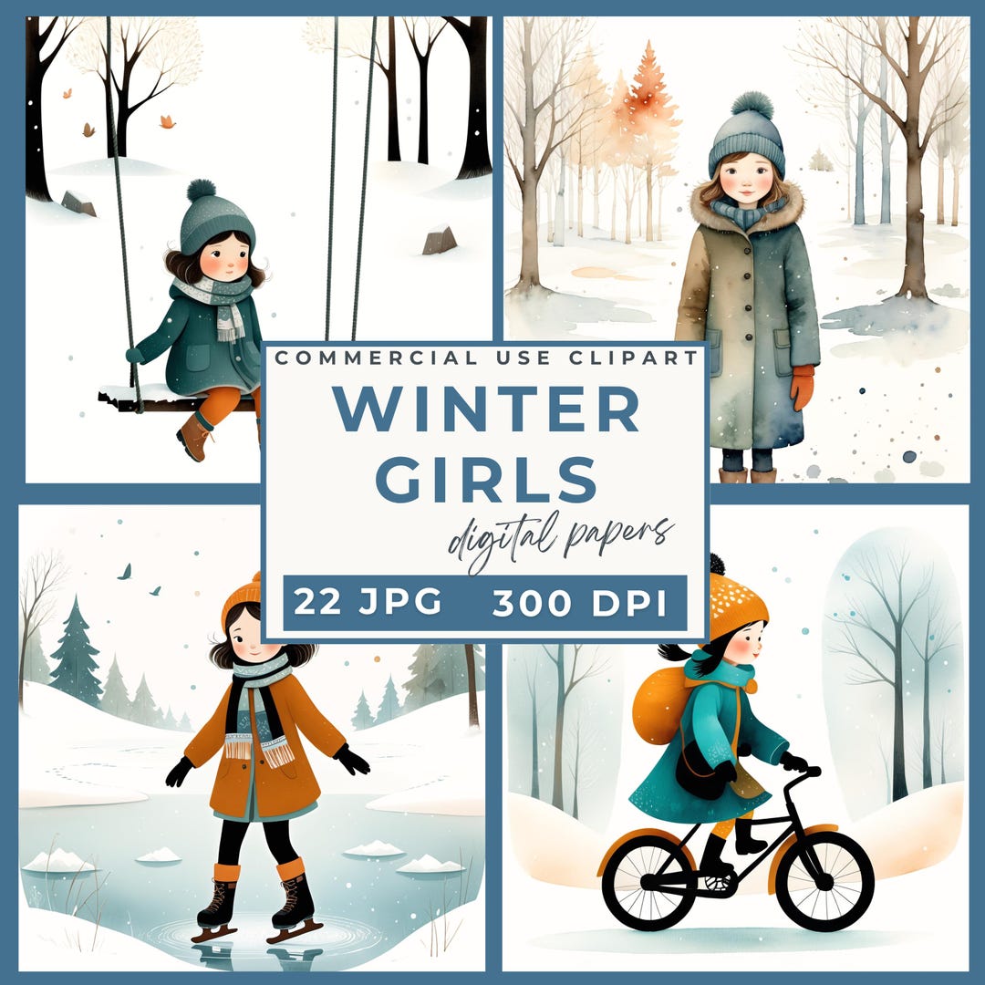 Cute Girl Winter Clipart Digital Paper, Christmas Cute Kids Digital ...