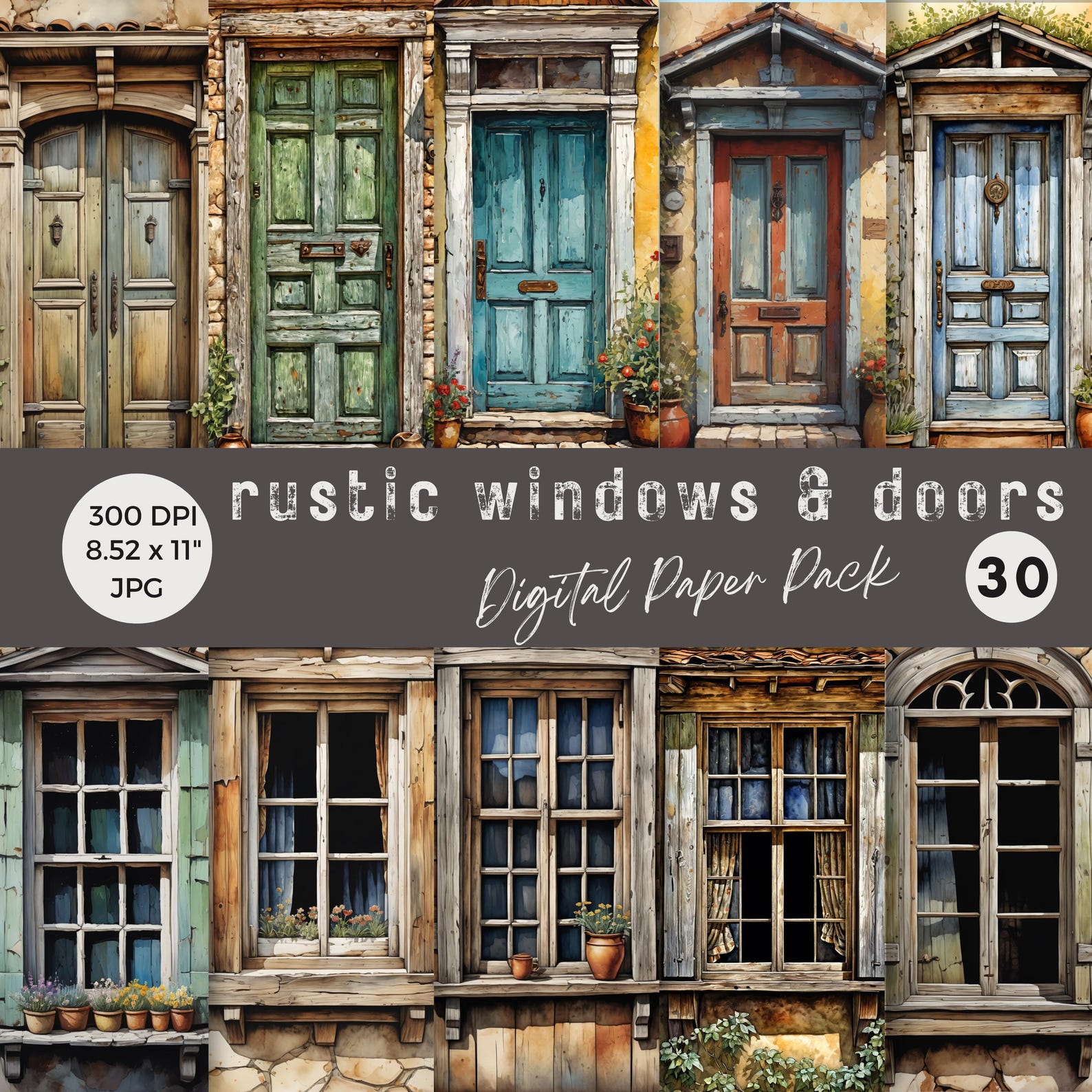 Digital Papers Windows and Doors JPG, Rustic Doors and Windows Digital ...