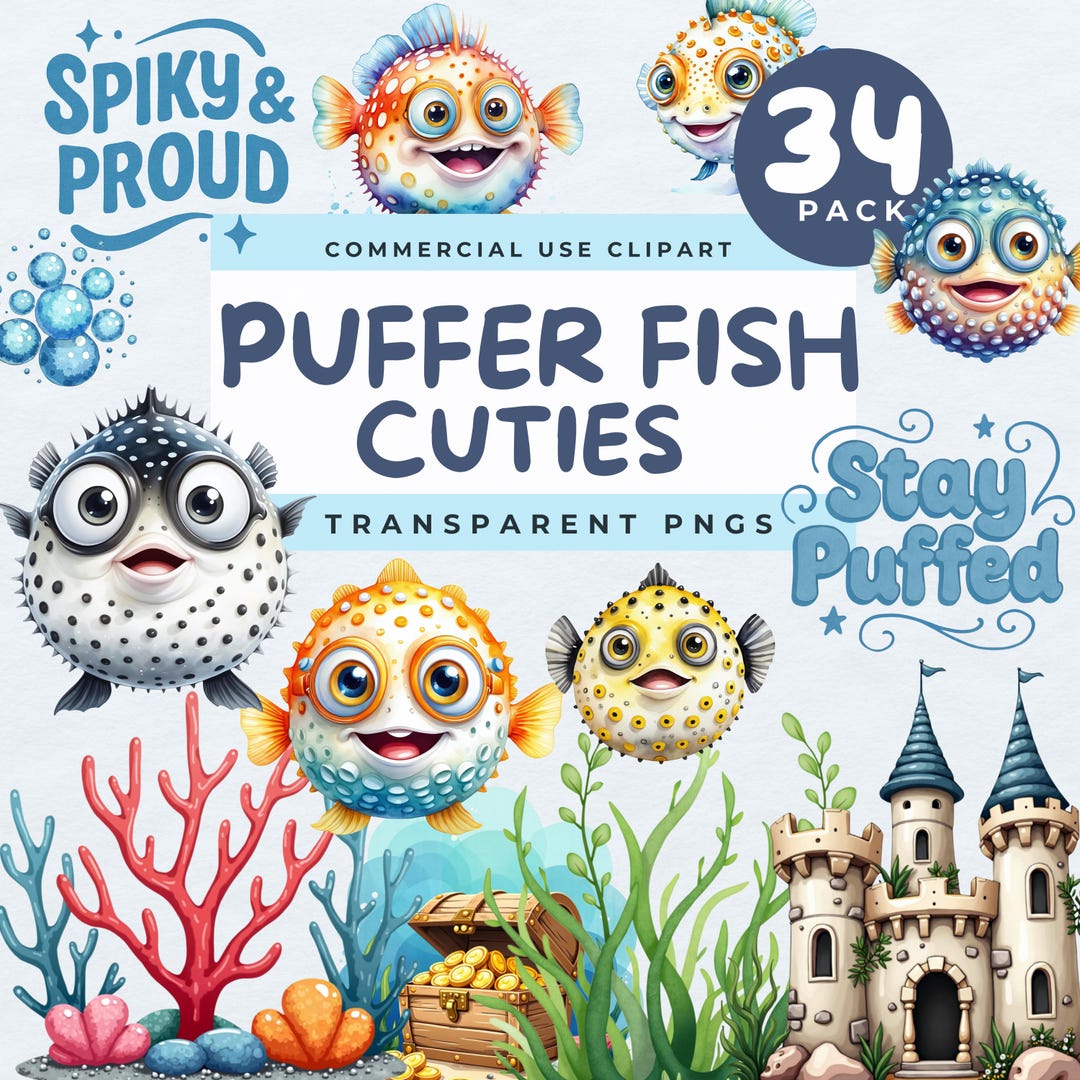 Puffer Fish Clipart, Cute Ocean Animal Pngs, Funny Fish Illustrations ...