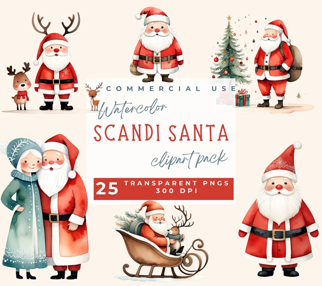 Scandi Santa Clipart, Cute Santa Clipart, Christmas Clip Art Watercolor ...