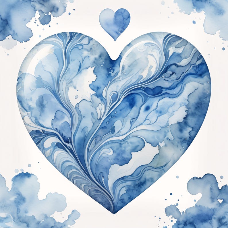 Blue Marble Heart Clipart – Elegant Watercolor Blue and Silver Heart ...