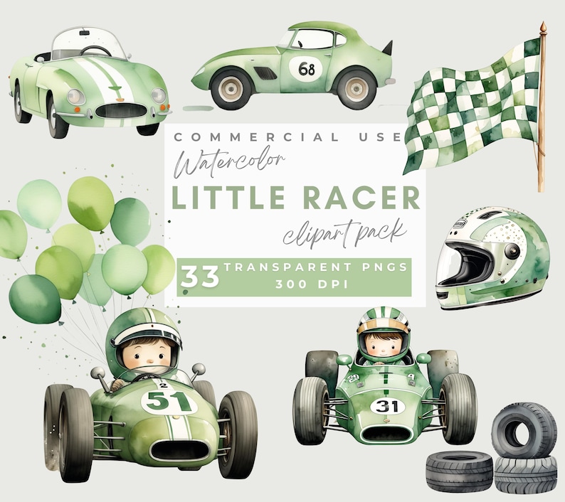 Watercolor Racecar Clipart, Green Racing Car Clipart, Retro Race Car ...