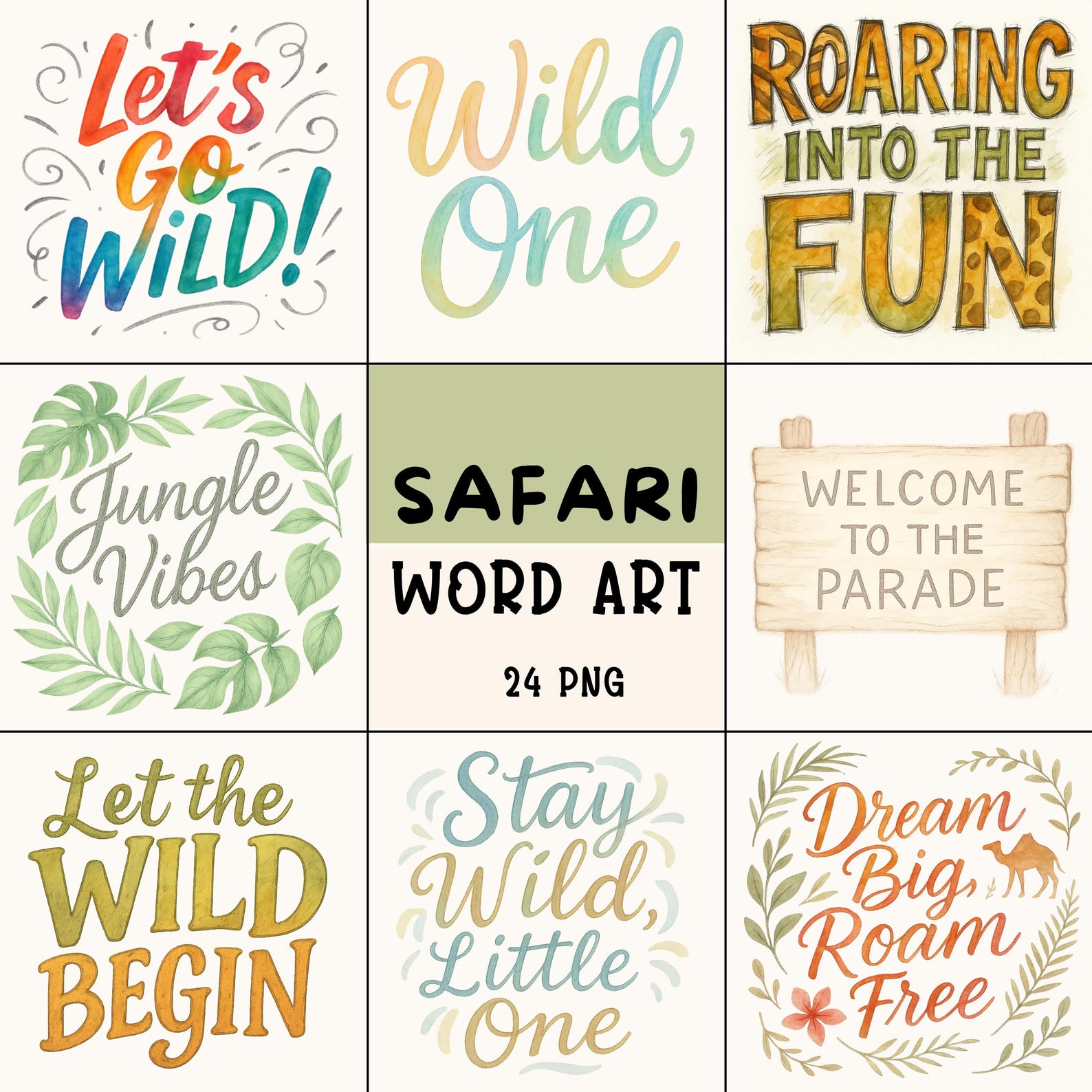 Safari Word Art PNG Bundle, Jungle Birthday Word Art Clipart ...